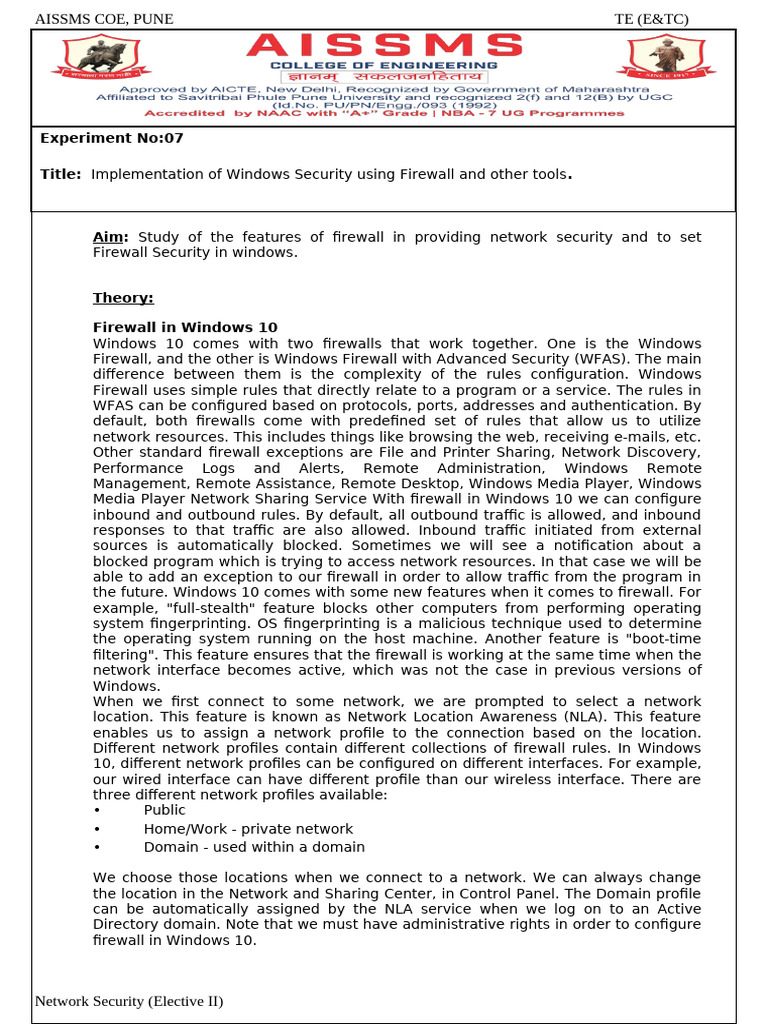 EXPERIMENT 7. Windows Security Providing Firewall Final | PDF | Computer Network | Firewall ...