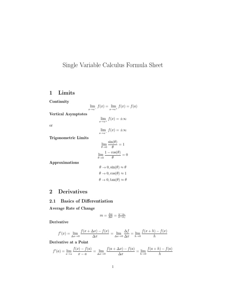 Single Variable Calculus Formula Sheet | PDF | Derivative ...