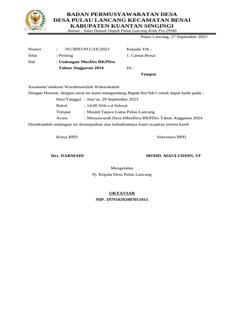 Undangan MusDes RKPDes 2024 Pulau Lancang | PDF