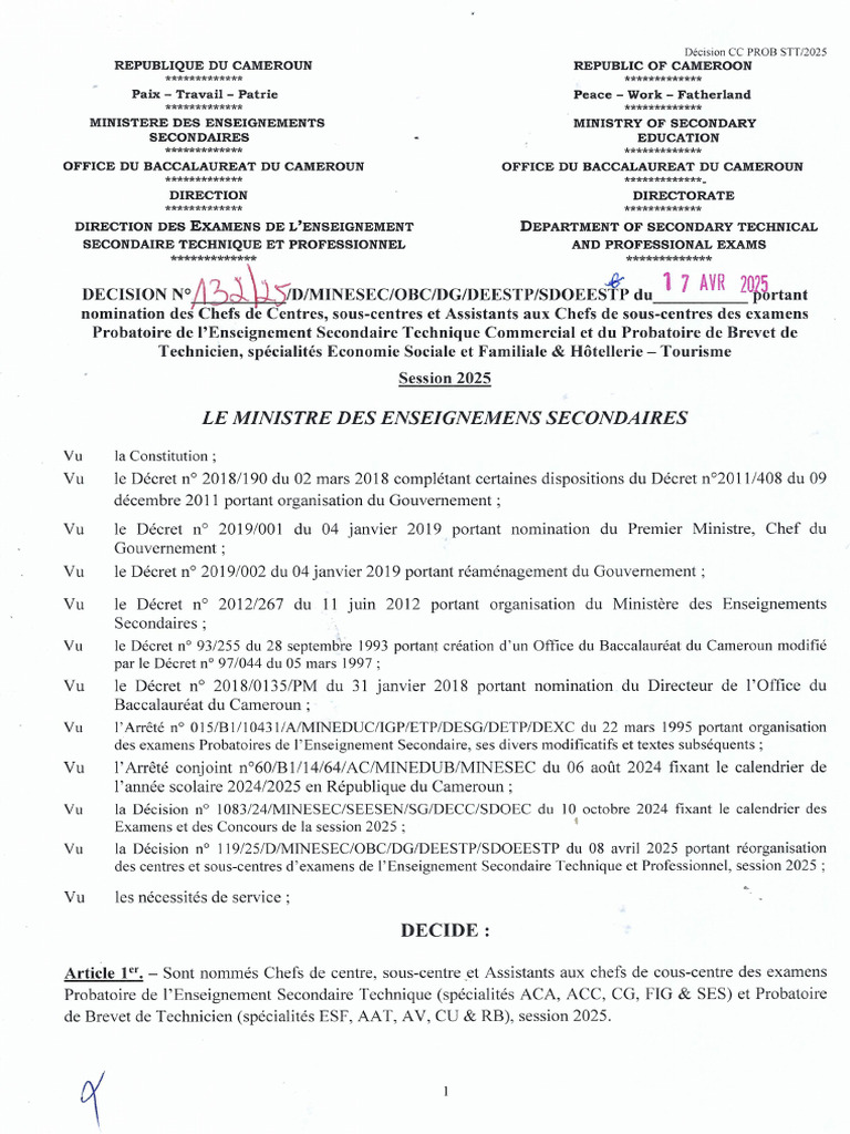 2025 Chefs de Centre Prob F Et PT BT STT | PDF