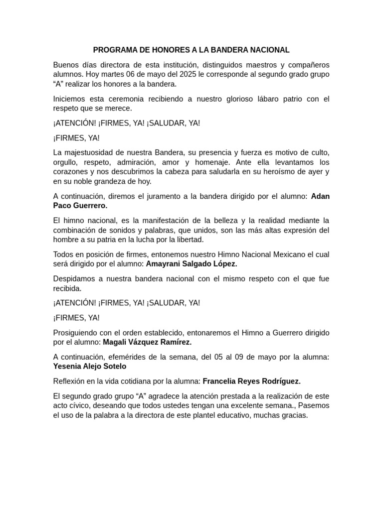 PROGRAMA DE HONORES A LA BANDERA NACIONAL | PDF