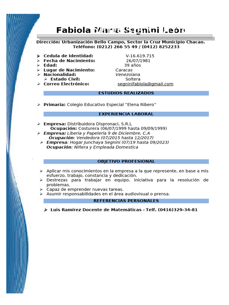 Currículum de Fabiola Segnini | PDF