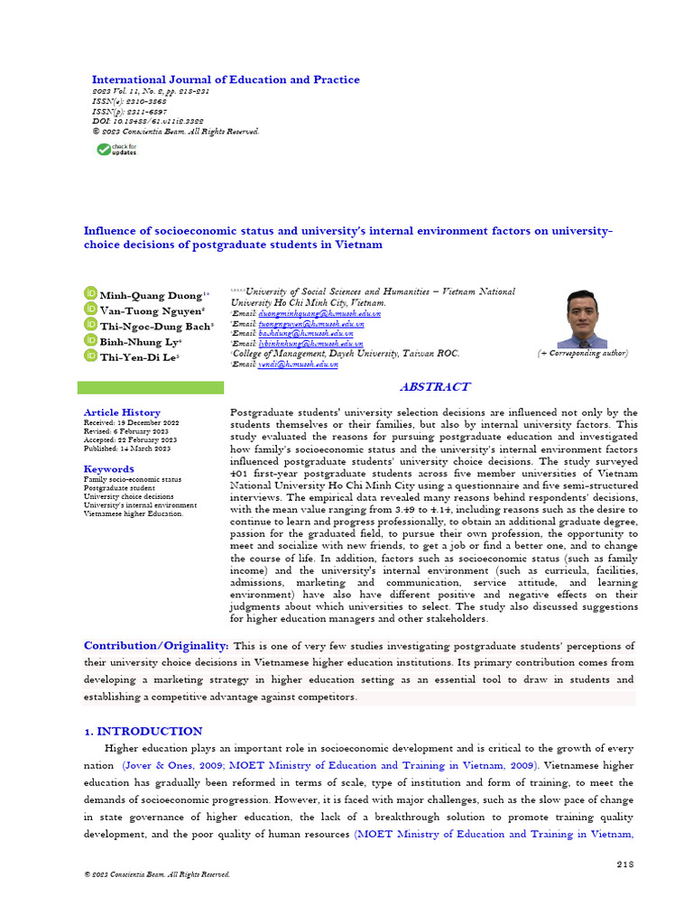 Influence of Socioeconomic Status and University's Internal Environment ...