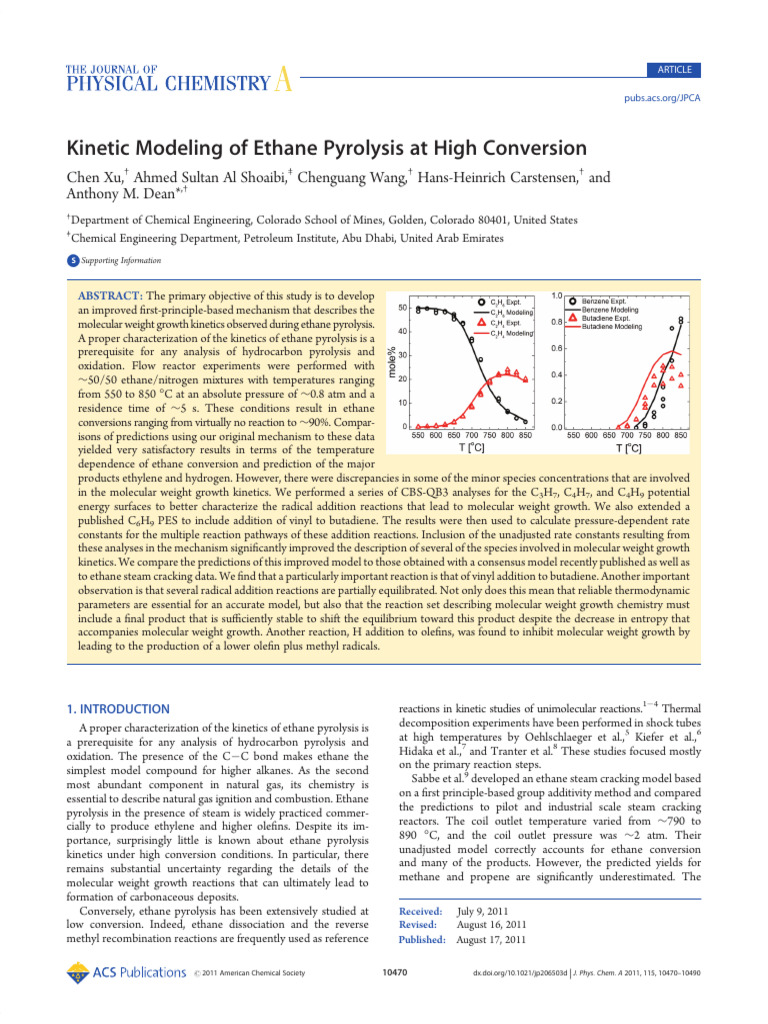 Xu Et Al 2011 Kinetic Modeling of Ethane Pyrolysis at High Conversion ...