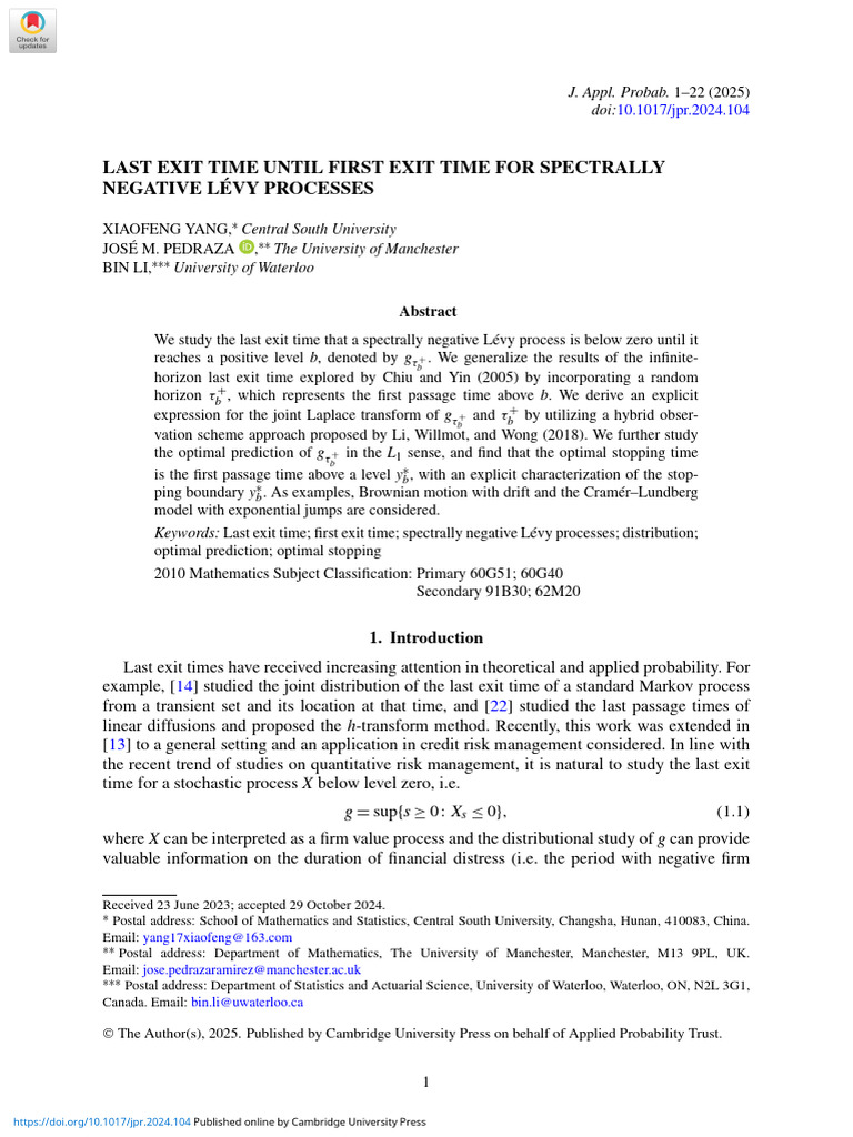 Last Exit Time for Lévy Processes | PDF | Infinity | Mathematical Analysis