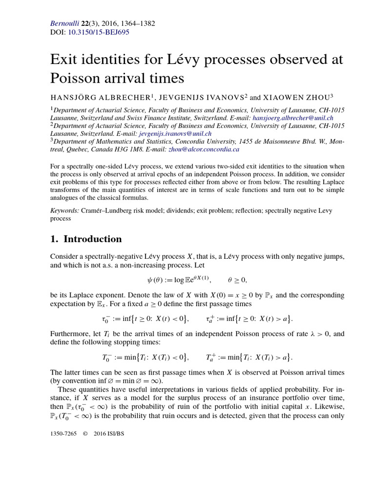 Albrecher, Ivanovs - Exit Identities For Levy Processes Observed at Poisson Arrival Times | PDF ...