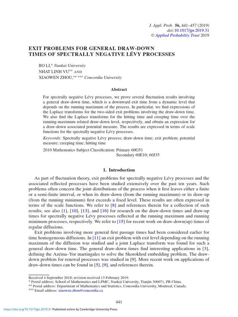 Exit Problems For General Drawdown Times of Spectrally Negative Levy Processes | PDF | Laplace ...
