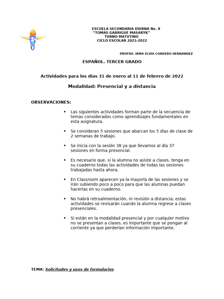 Actividades Español 3er Grado Febrero 2semanas | PDF