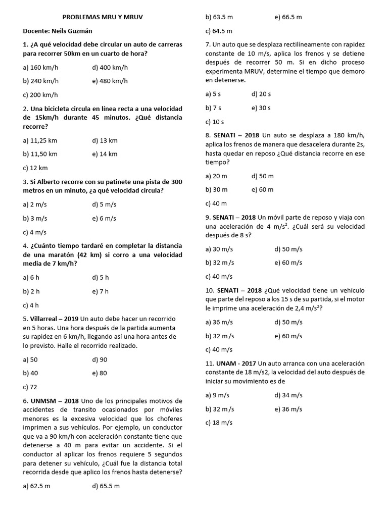412875943-Problemas-Mru-y-Mruv-1ero-2do-secundaria | PDF