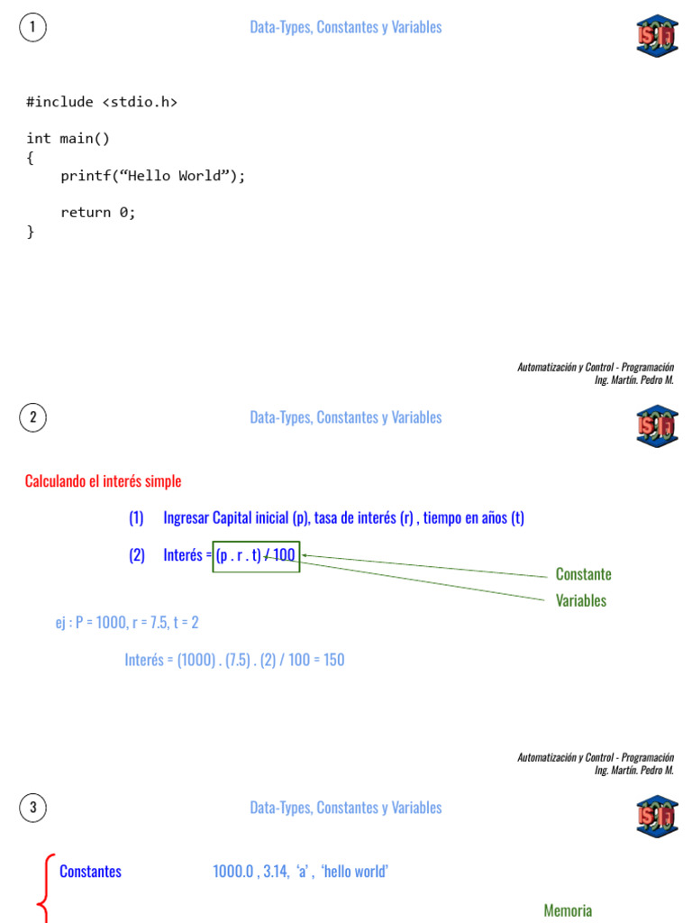 Tipos Datos, Constante y Variables Lenguaje en C | PDF | Variable (informática) | Bibliotecas de ...