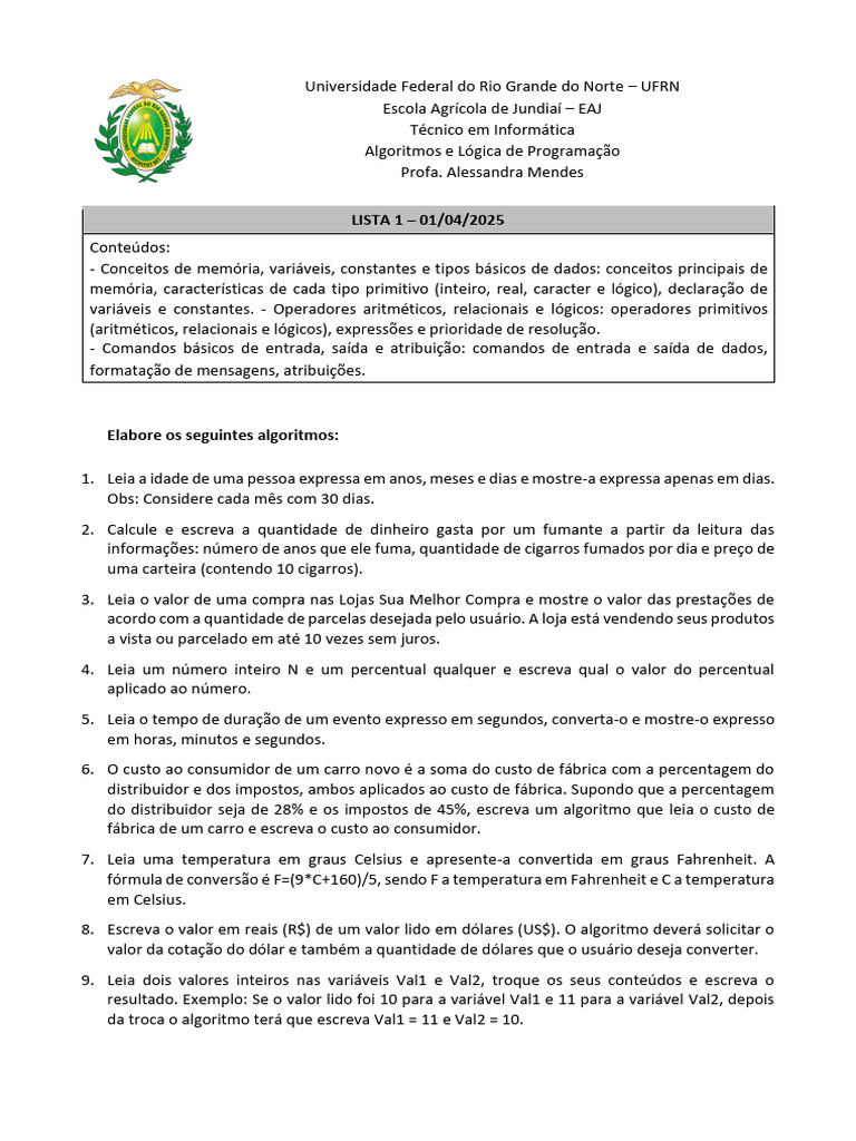 Lista 1 | PDF | Matemática