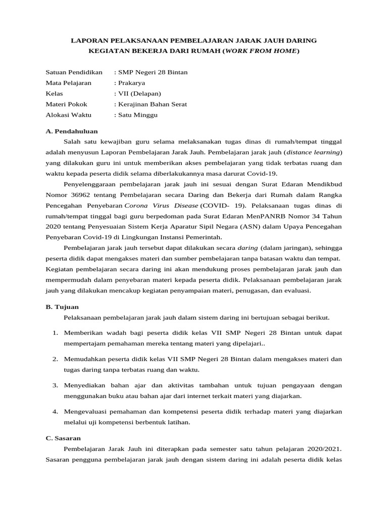 Prakaryakelas Vii Minggu 1 - Laporan Pelaksanaan Pembelajaran Jarak Jauh Daring | PDF