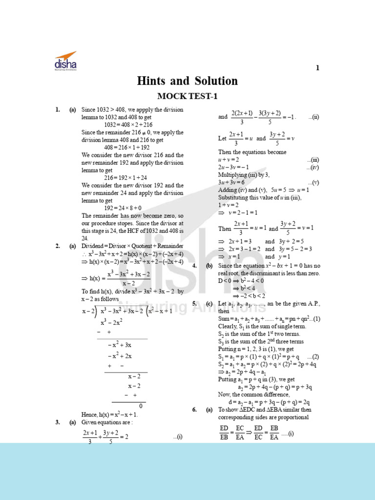 Class 10 Maths Hints and Solution | PDF | Division (Mathematics) | Elementary Mathematics