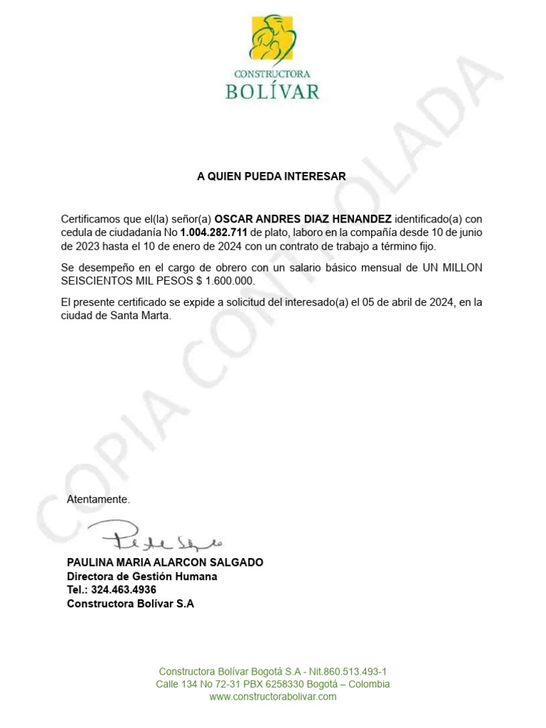 carta laboral constructora bolivar | PDF