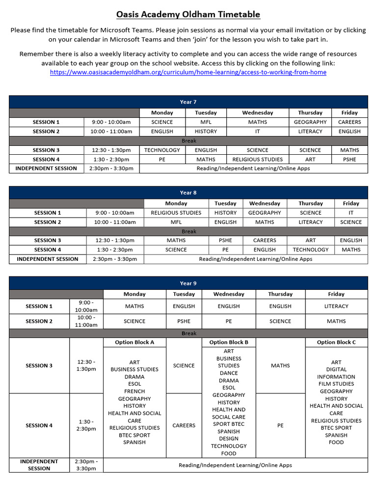 Oasis Academy Oldham Weekly Timetable | PDF
