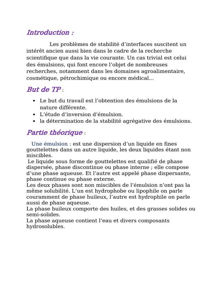 Étude des Émulsions en TP | PDF | Émulsion | Chimie