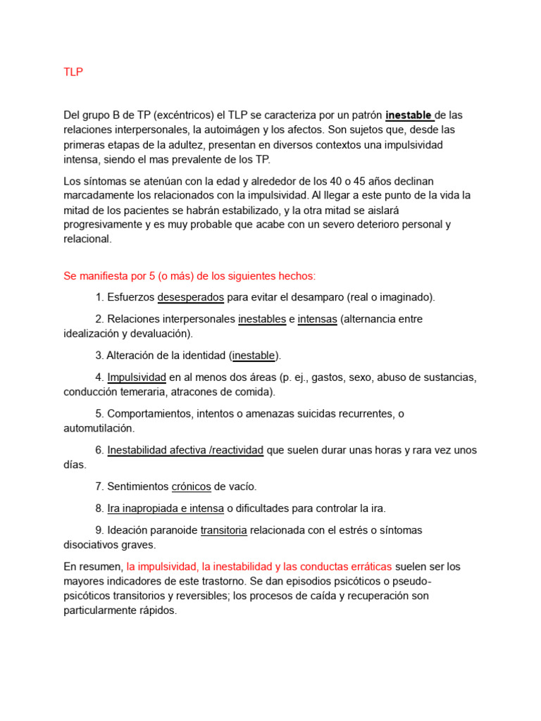 TLP | PDF | Trastorno límite de la personalidad | Teoría de apego