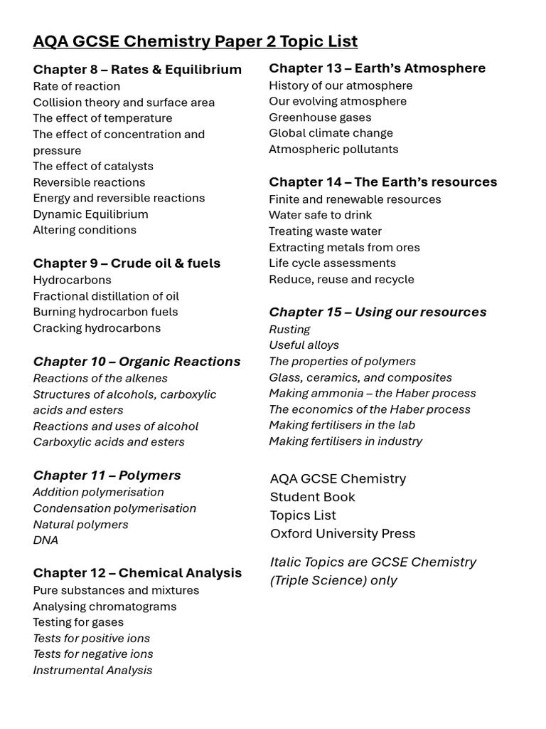 AQA GCSE Chemistry Paper 2 Topics Guide | PDF | Chemical Reactions ...