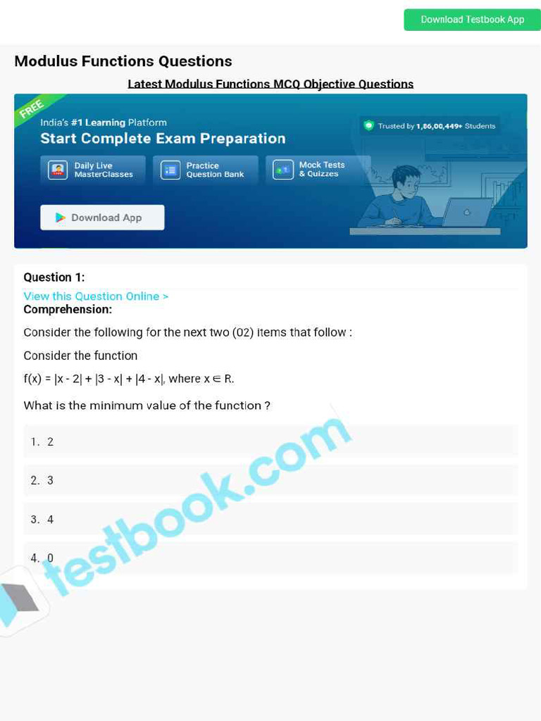 MCQ On Modulus Functions 5eea6a1439140f30f369f1f8 | PDF
