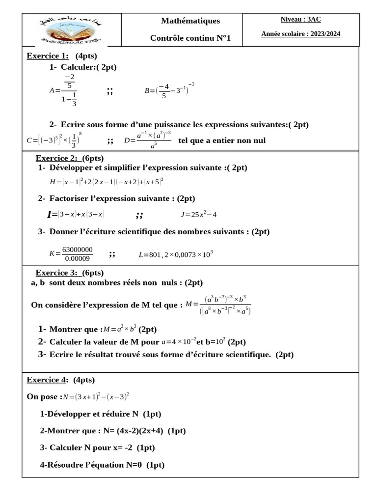 Contrôle de maths 3AC - Exercices | PDF