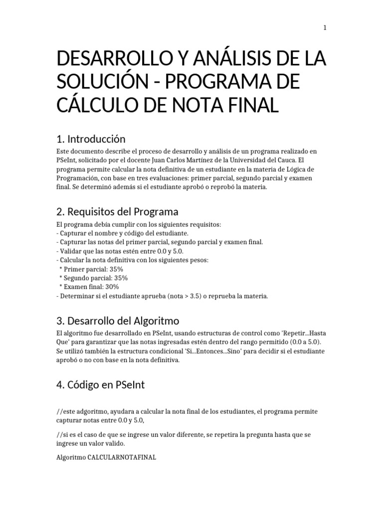 Programa en Pseudocodigo para Calcular Una Nota Final | PDF | Programación de computadoras ...