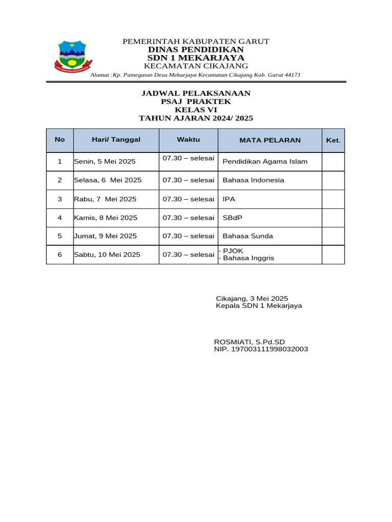 Jadwal Praktek, Psat, Dan Psaj 2025 | PDF