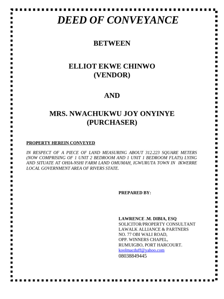 Deed of Conveyance for Land Sale | PDF | Common Law | Private Law
