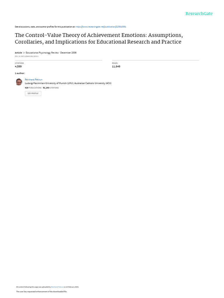 Pekrun (2006) The Control-Value Theory of Achievement Emotions | PDF | Emotions | Anxiety