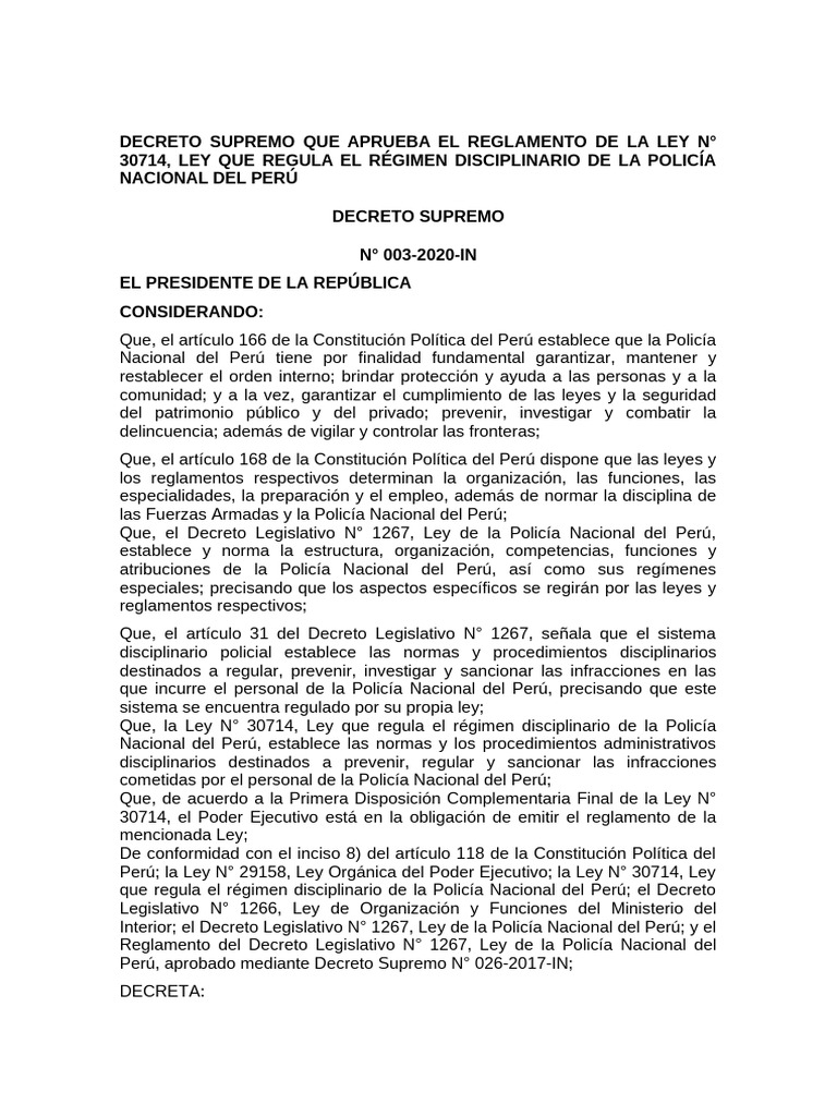 Reglamento de La Ley #30714 | PDF | Policía | Disciplinas