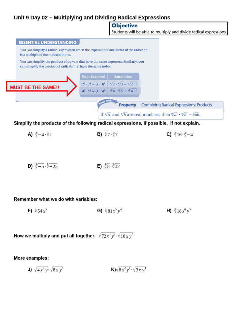 00 - Radical Operations - Multiply and Divide | PDF