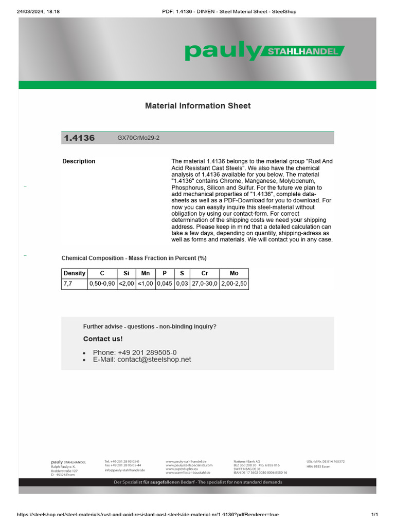 PDF - 1.4136 - DIN - EN - Steel Material Sheet - SteelShop | PDF