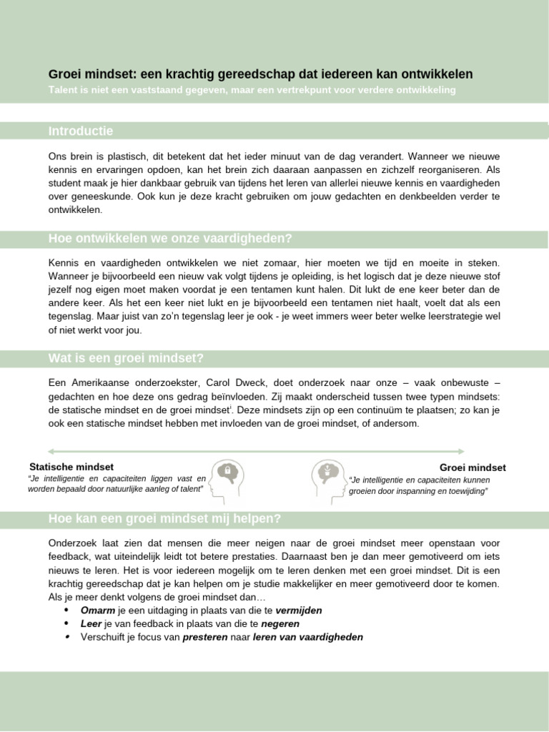 Groei Mindset - Een Krachtig Gereedschap Dat We Allemaal Kunnen Ontwikkelen (GM) | PDF
