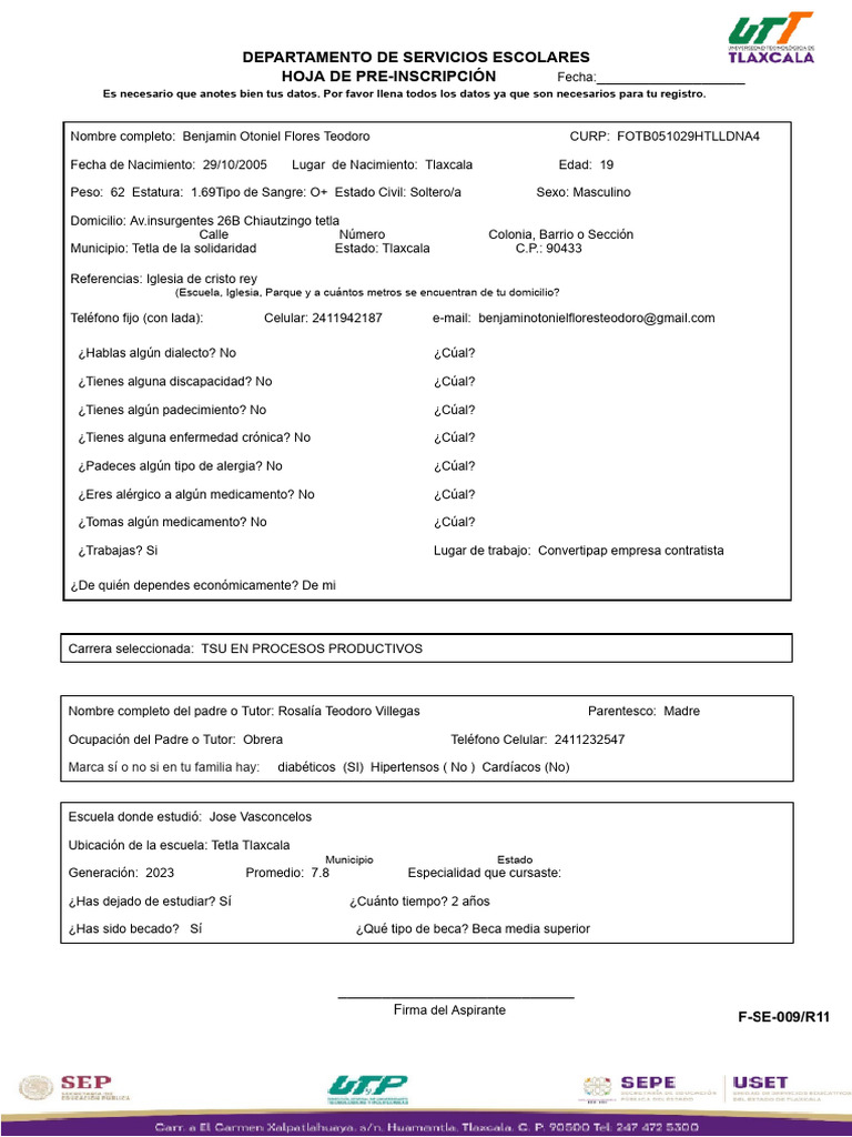 Ficha de Benjamin Otoniel Flores Teodoro | PDF | Especialidades Medicas | Enfermedades y trastornos