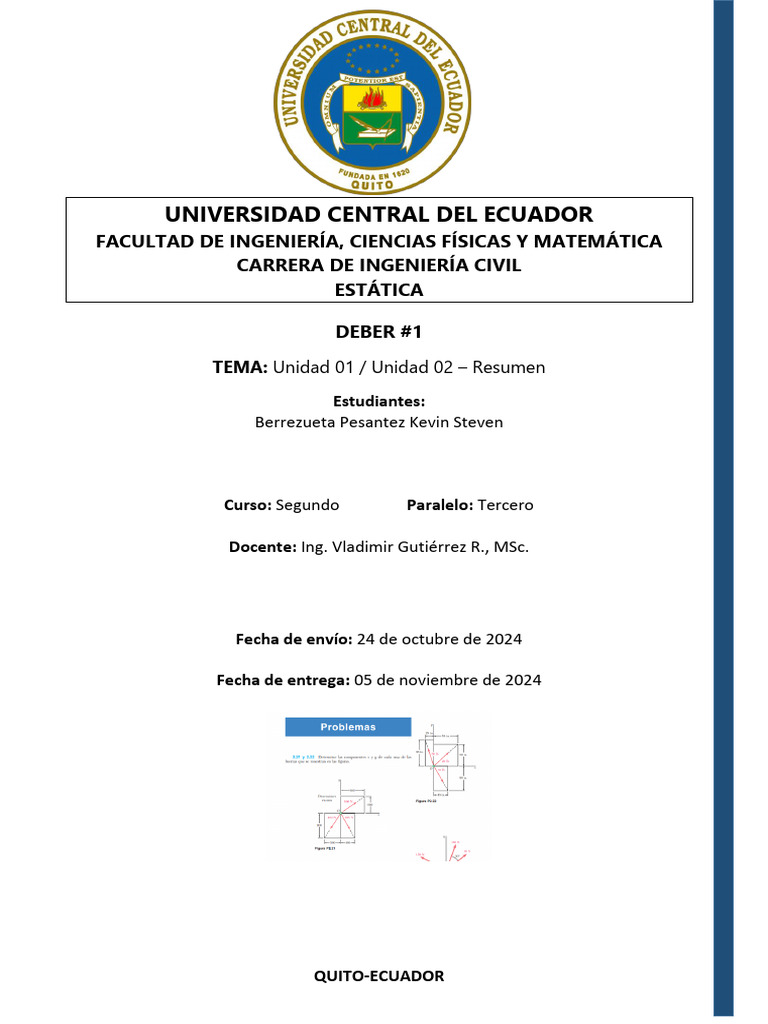 Deber 1.Resumen Unidad 1 y 2 -Kevin Berrezueta, Estática | PDF