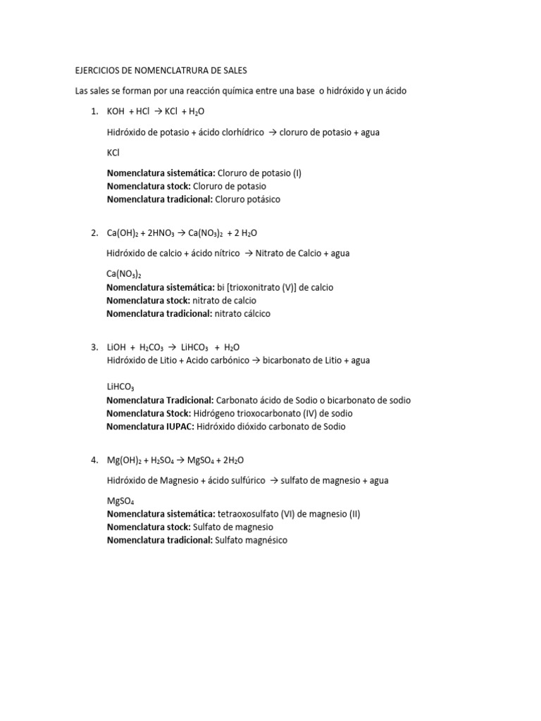 Ejercicios de Nomenclatura de Sales | PDF