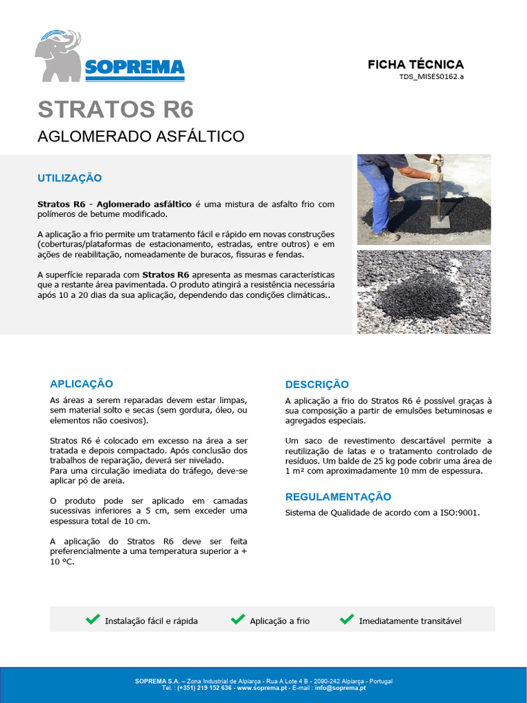 Ficha Técnica - Aglomerado Asfáltico Soprema Stratos R6 | PDF