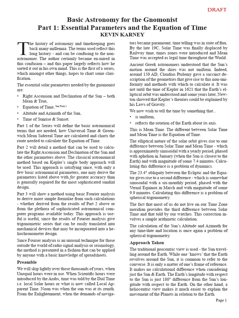 Basic Astronomy for the Gnomonist | PDF | Equator | Astrometry