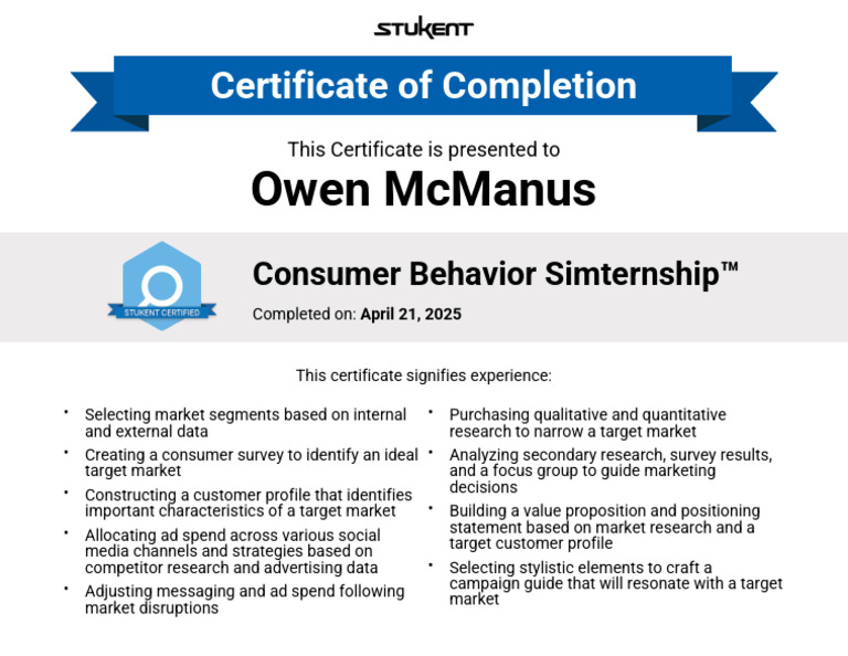 Consumer Behavior Certificate Completion | PDF