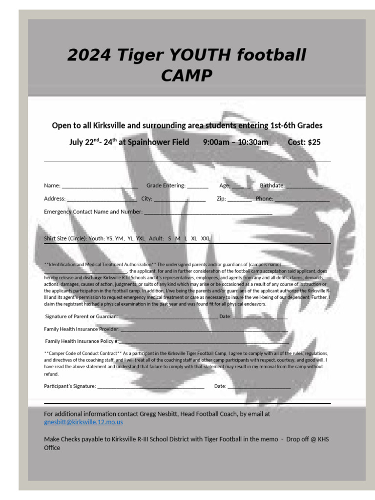 Tiger Youth Football Camp 2024 | PDF