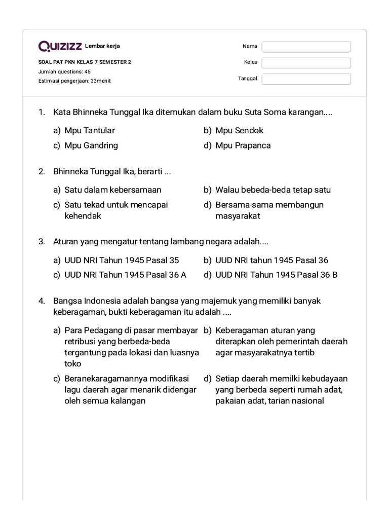 SOAL PAT PKN KELAS 7 SEMESTER 2 - Quizizz | PDF
