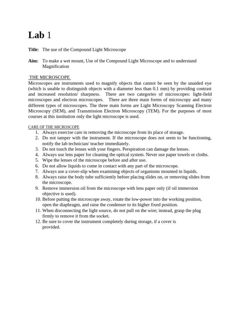 Compound Light Microscope Lab | PDF | Microscope | Optics