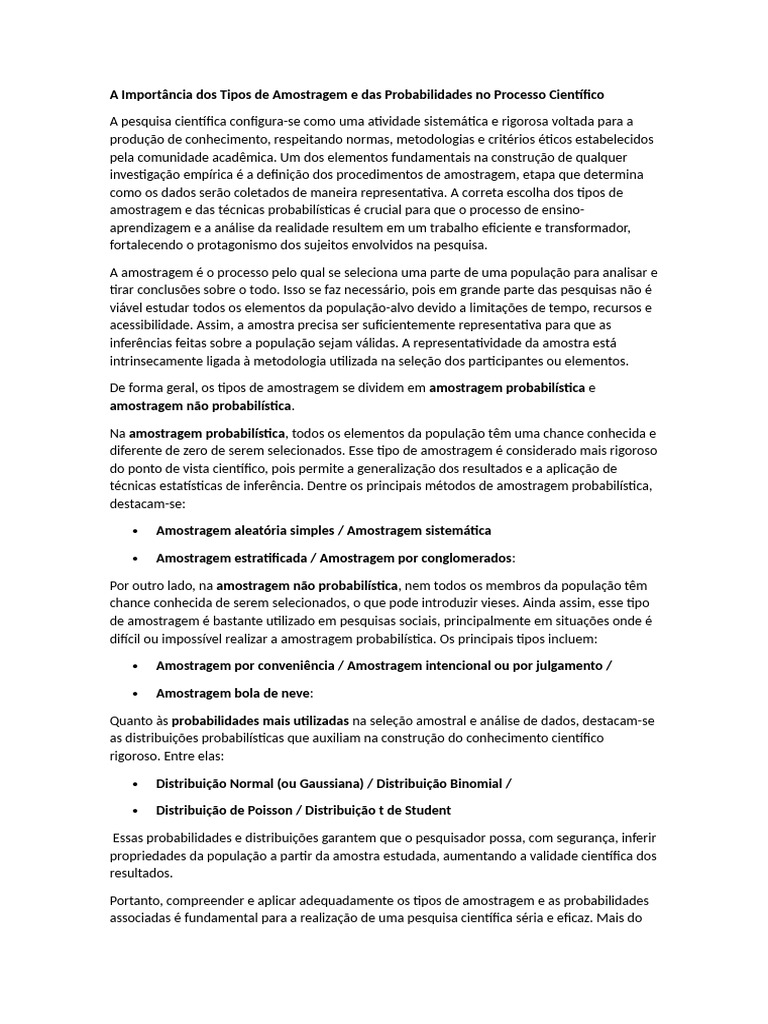 A Importância Dos Tipos de Amostragem e Das Probabilidades No Processo ...