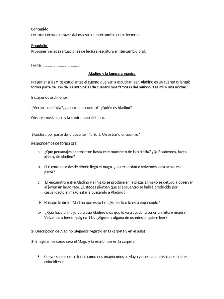Actividades sobre Aladino y la lámpara mágica | PDF