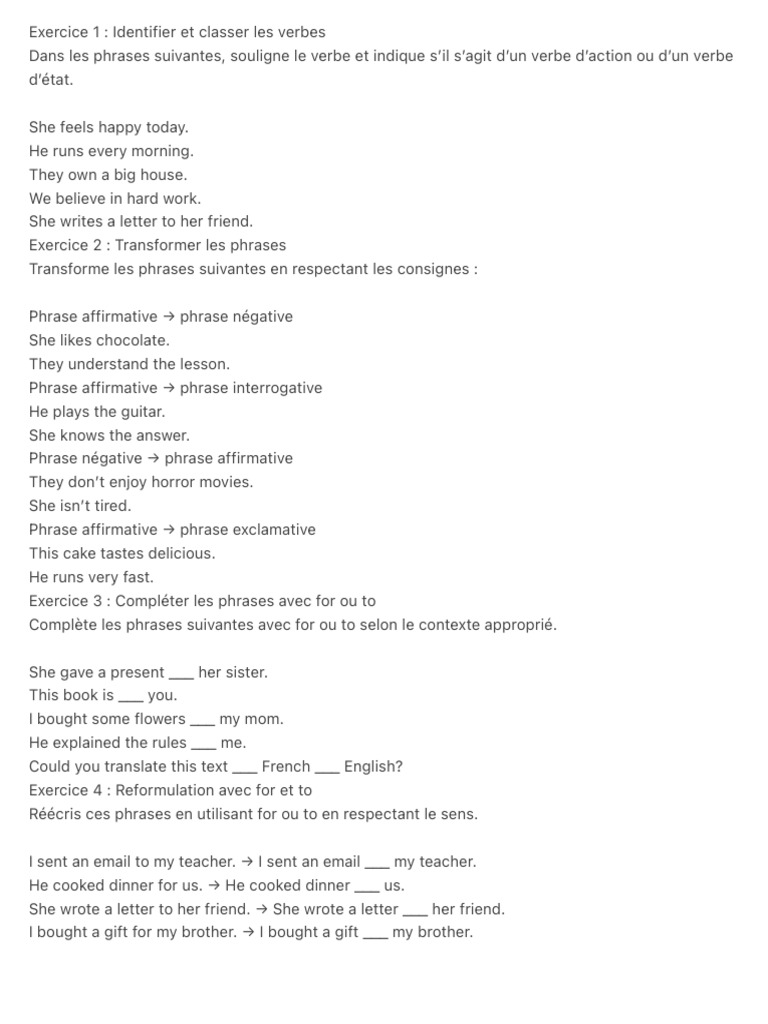 Exercice 1 Identifier Et Classer Les Verbes | PDF