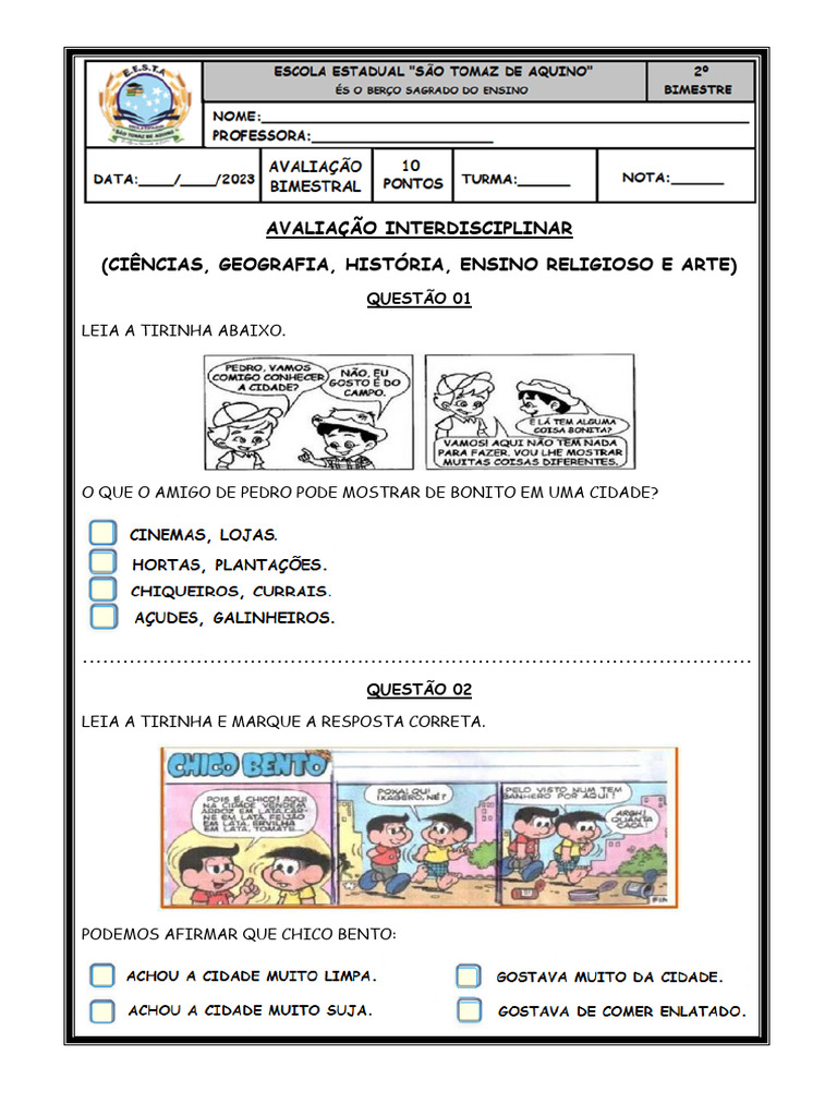 3º Ano - 2º Bimestre - Avaliação Bimestral - Cien. Geo-Historia | PDF