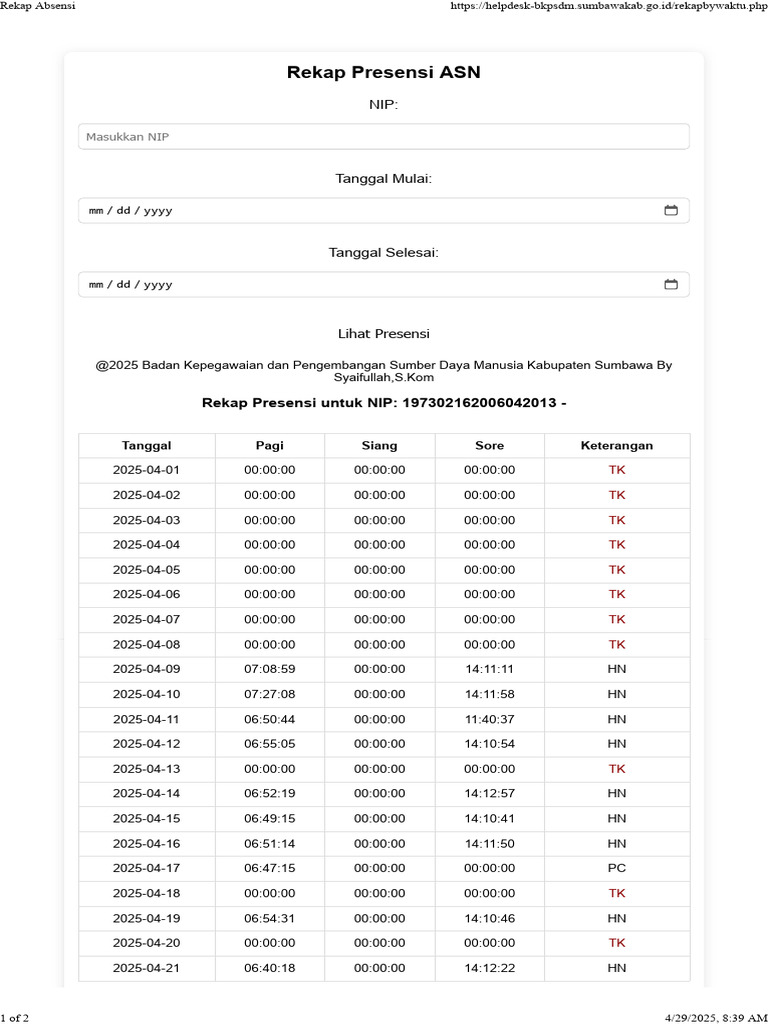 Rekap Absensi Ibu Nufus April | PDF