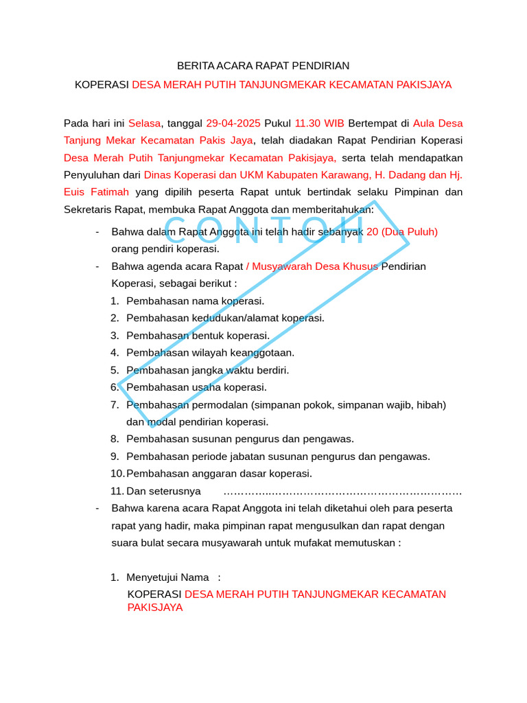 Berita Acara Rapat Pendirian Kopdes | PDF
