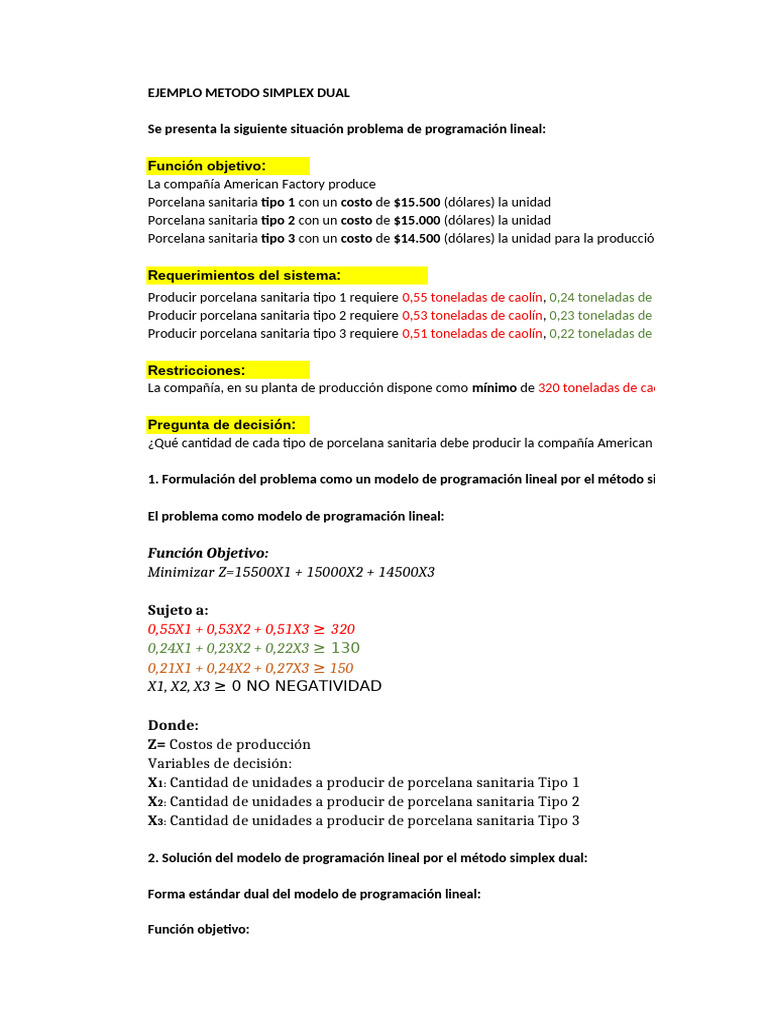 Plantilla Metodo Simplex Dual - Tarea 1 16-01 2025 | PDF | Programación lineal | Matemáticas De ...