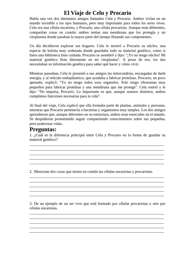 Cuento El Viaje de Celu y Procario | PDF | Citoplasma | Biología Celular)