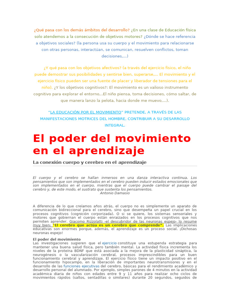 El poder del movimiento en el aprendizaje | PDF | Cerebro | Aprendizaje